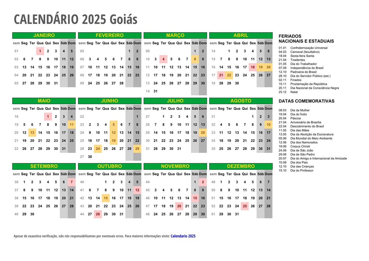 Calendário 2025 GOIÁS - com feriados
